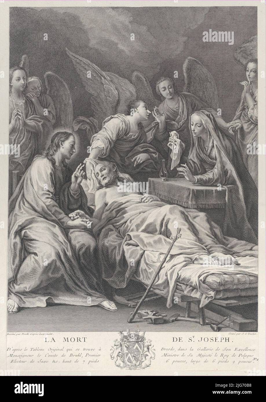 The death of Saint Joseph, lying on a bed, with Jesus, the Virgin Mary ...