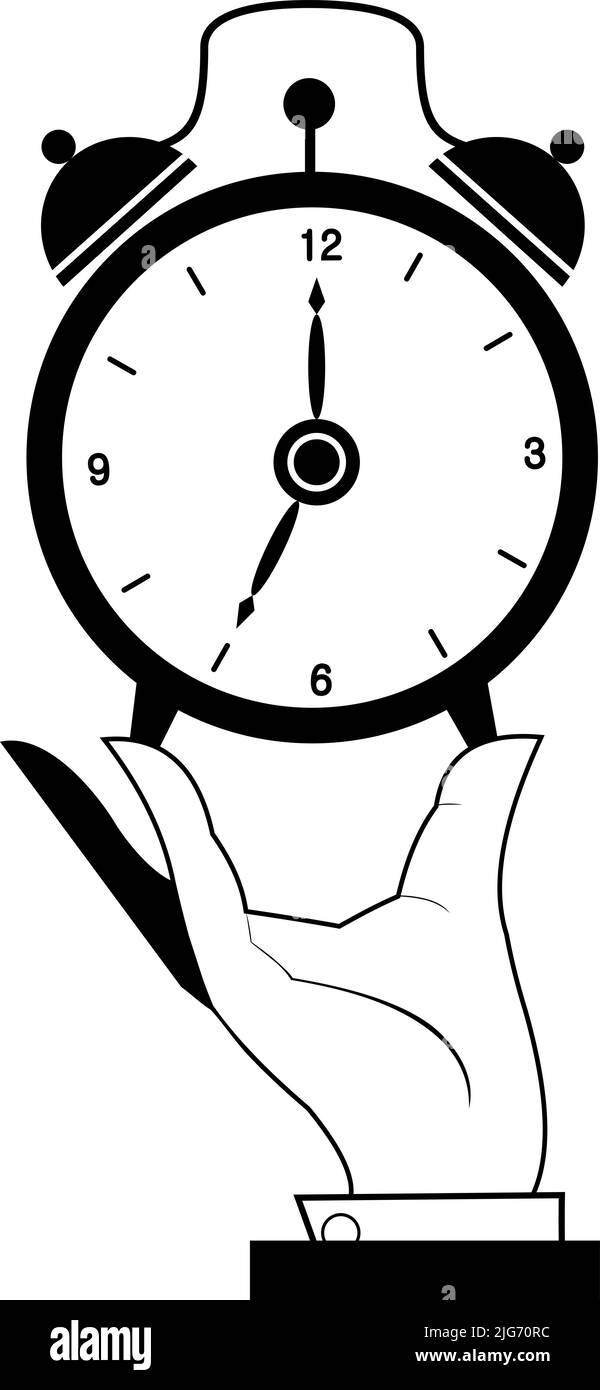 Hand holding alarm clock. Hand holding time clock. Black on white ...