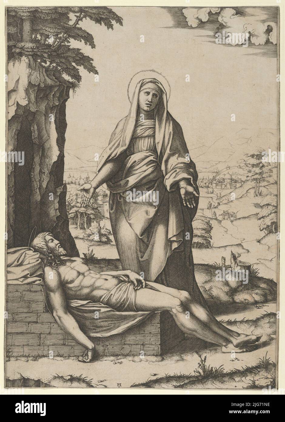 The Pietà: the Virgin standing over the dead Christ, her hands ...