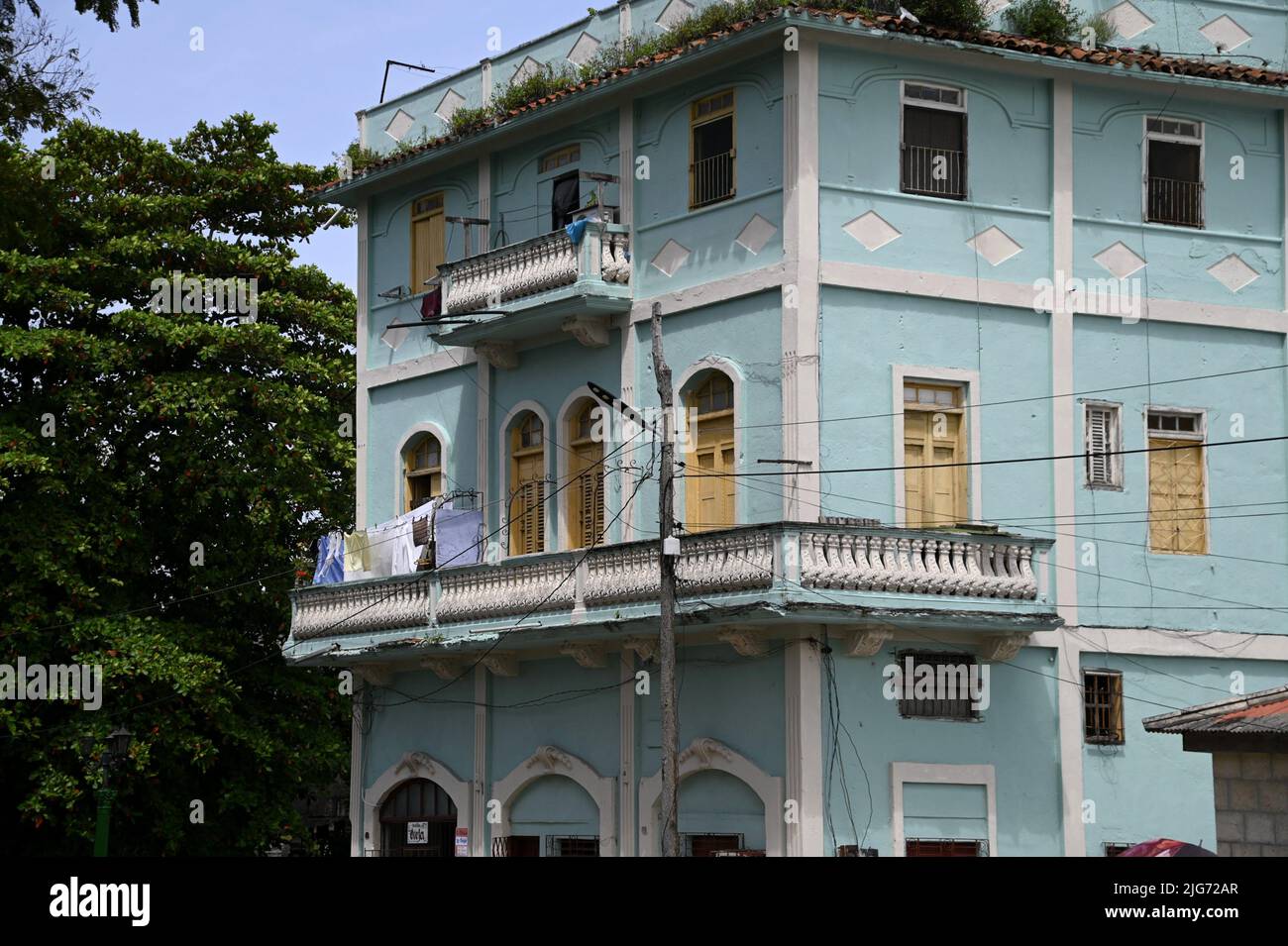 Old residential building on the main street of Santa Clara in Cuba ...