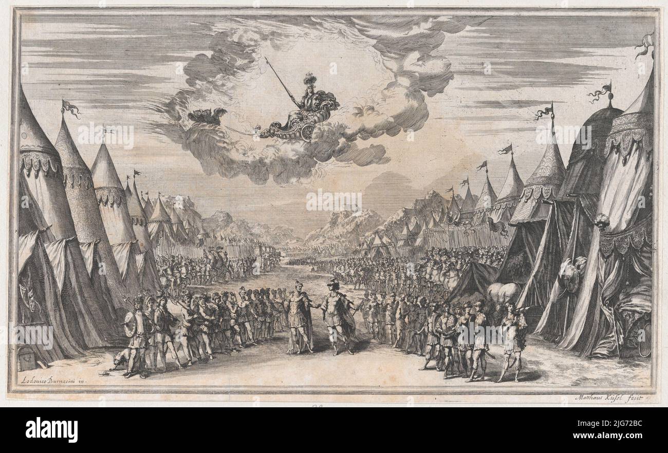 The leaders of two armies conversing, their respective troops and camps ...