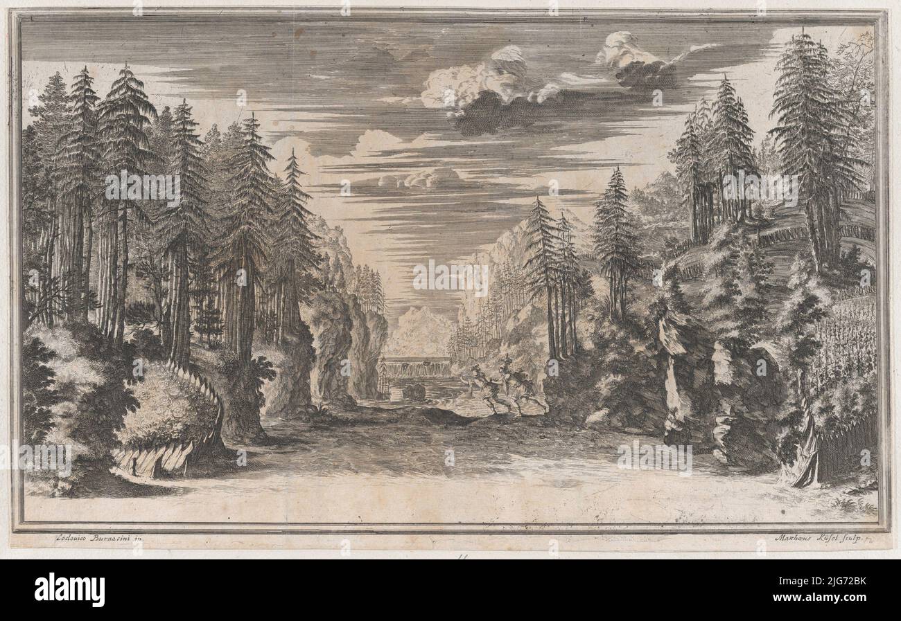 Landscape with two figures running along the bank of the river Xanto ...