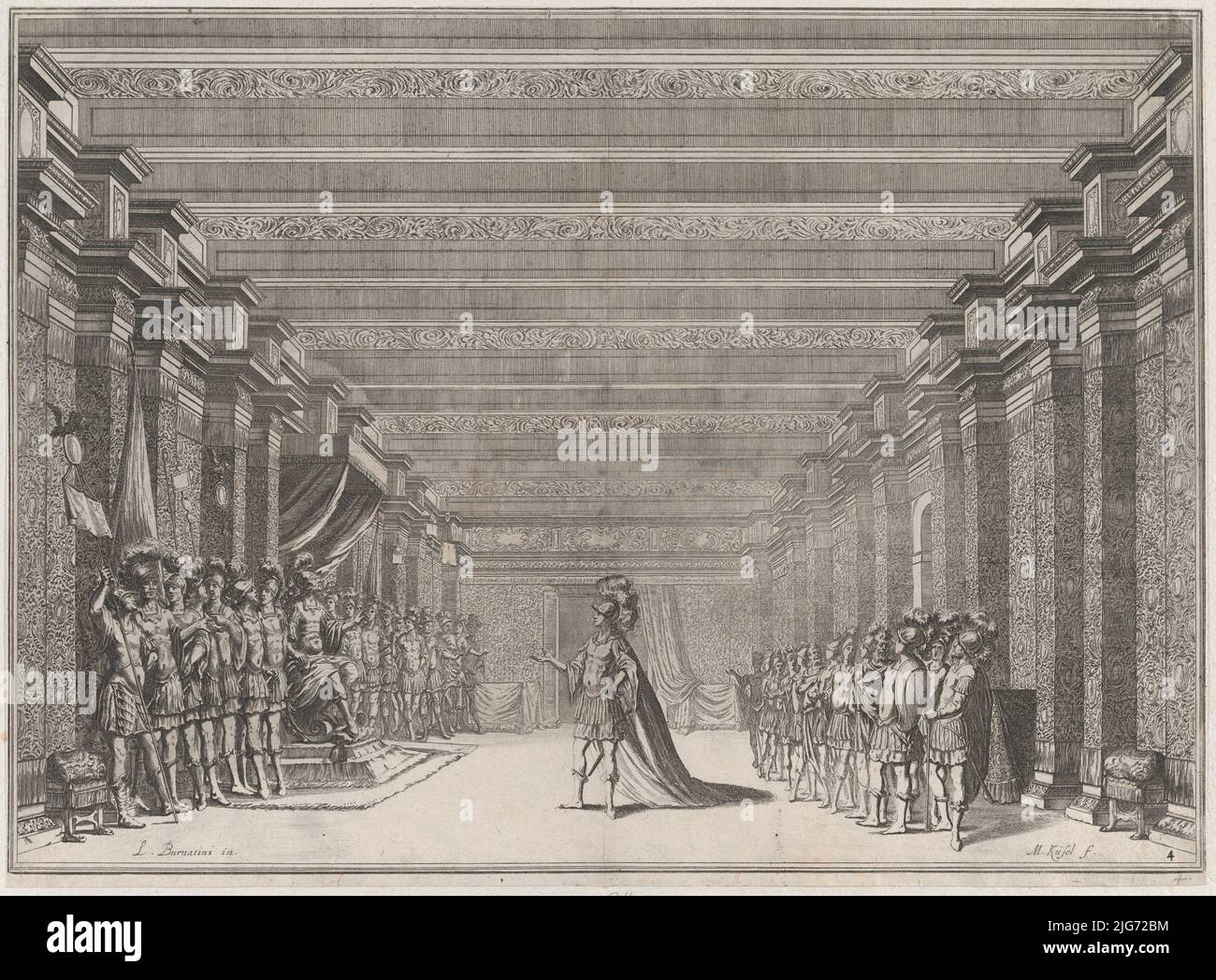 Throne room with a man in classical armor standing at center addressing ...