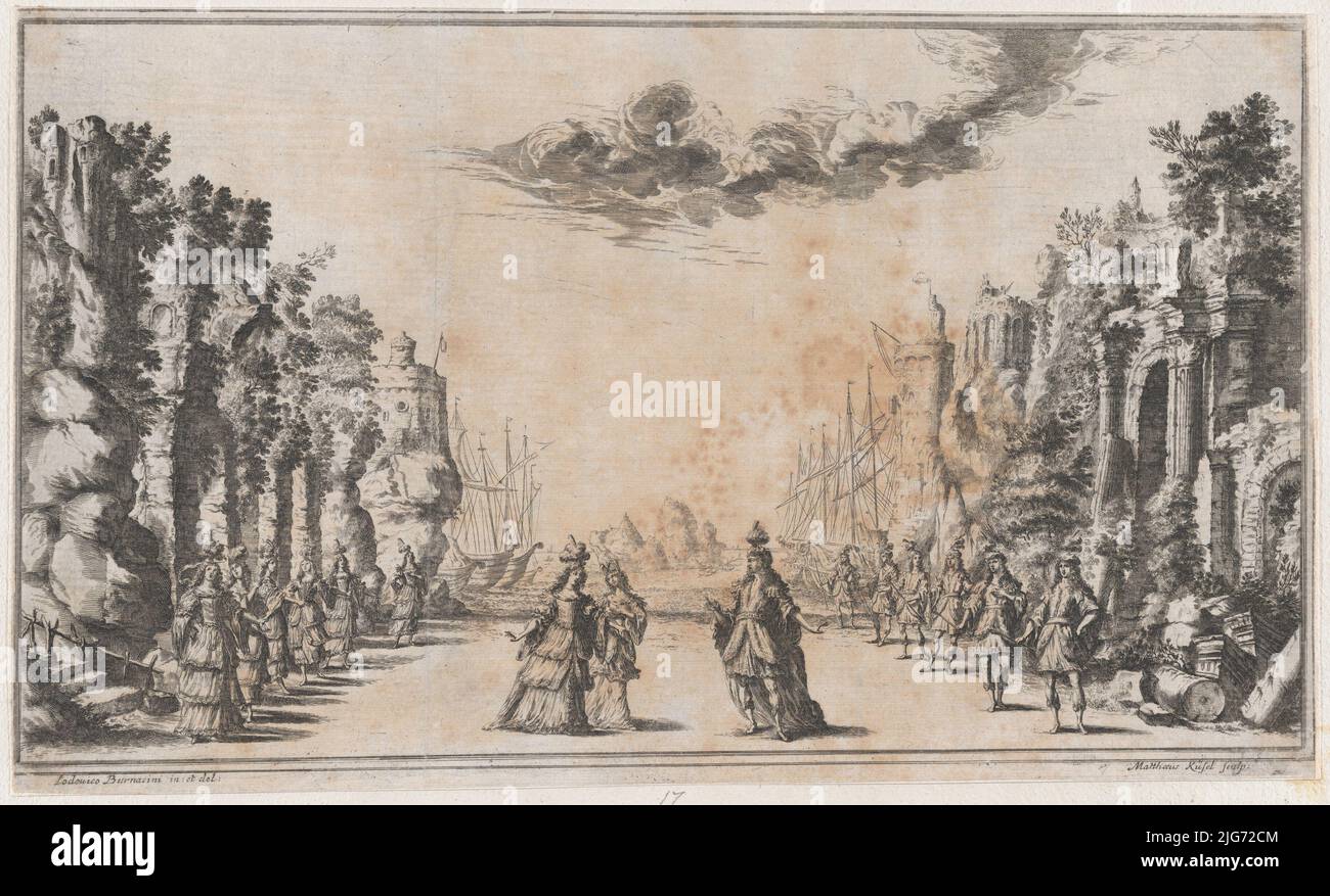 A man and two women conversing at center; young men standing to their ...