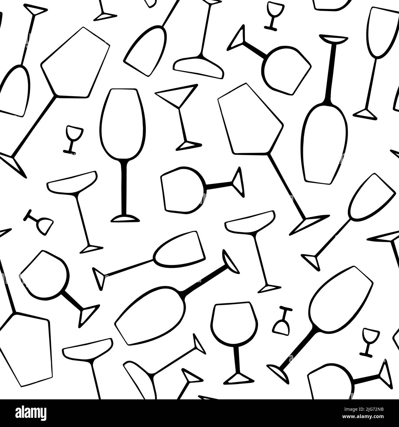 Seamless pattern with hand drawn wine glasses. Line doodles on white ...