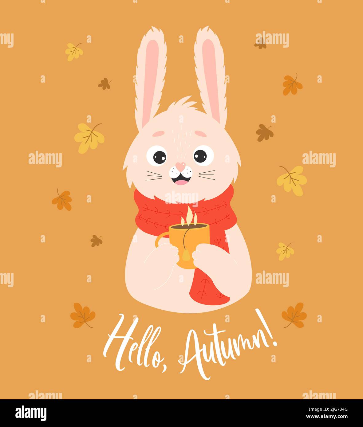 Autumn poster. Happy rabbit in knitted scarf with cup of hot tea ...