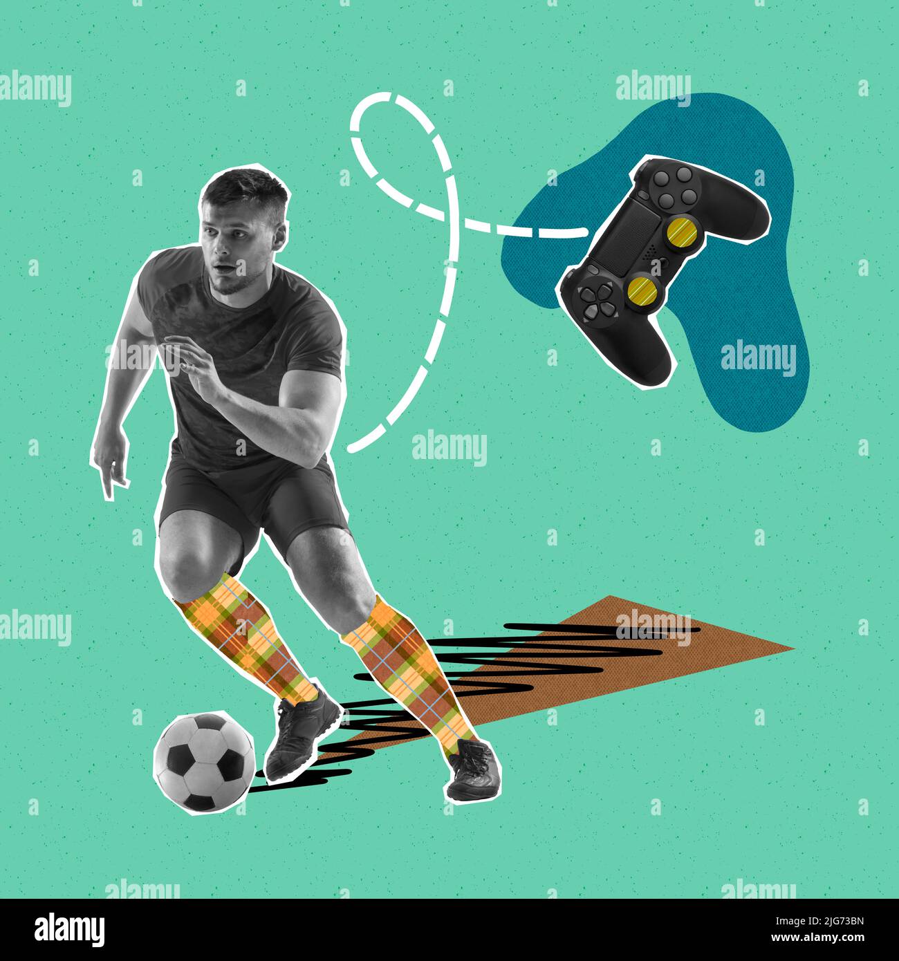 Contemporary art collage. Professional male soccer football player in ...