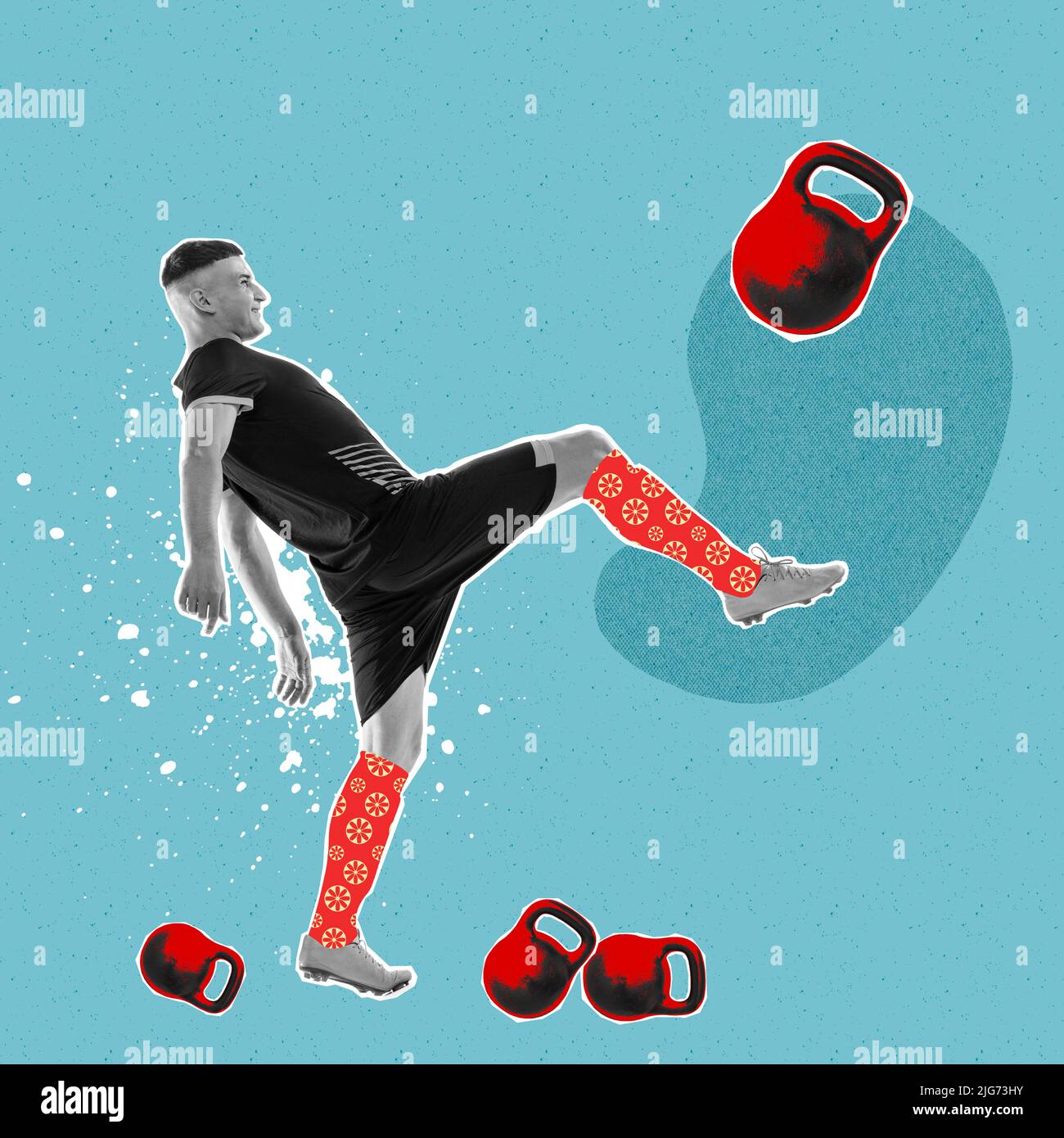 Contemporary art collage. Professional sportsman training with weights ...