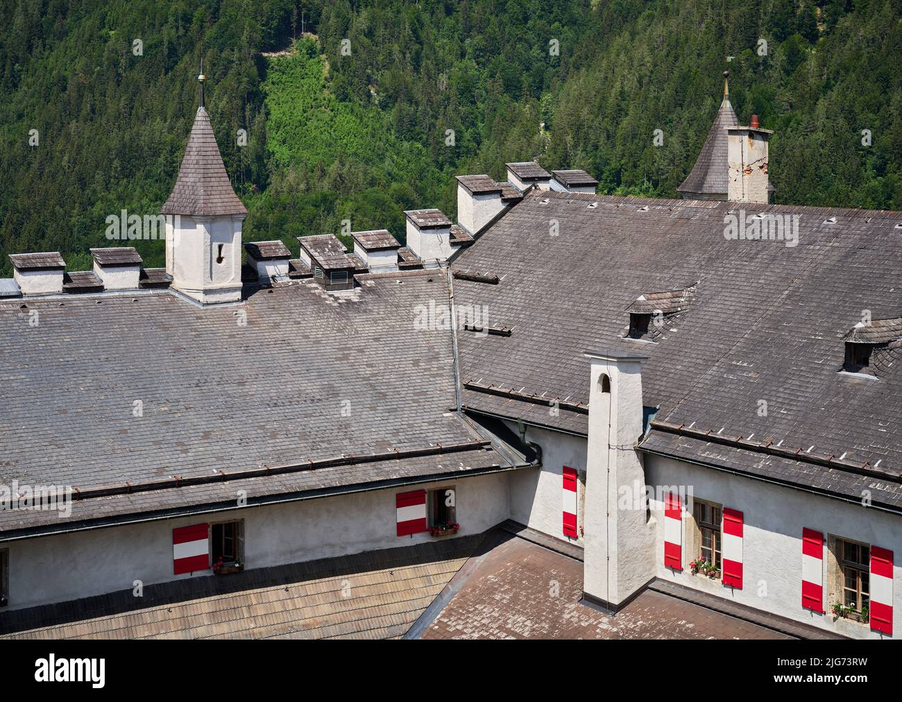 Part of the roof with turrets at the medieval Hohenwerfen Castle in ...