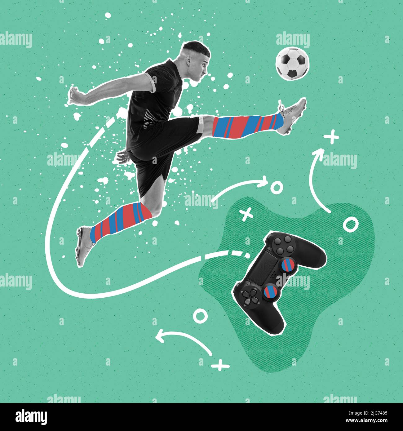 Creative art collage with young man, professional soccer player in ...