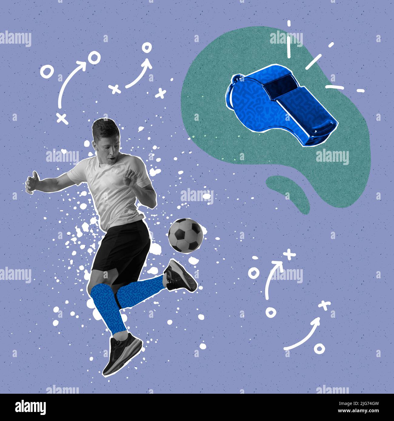 Contemporary art collage. Professional male soccer football player in ...