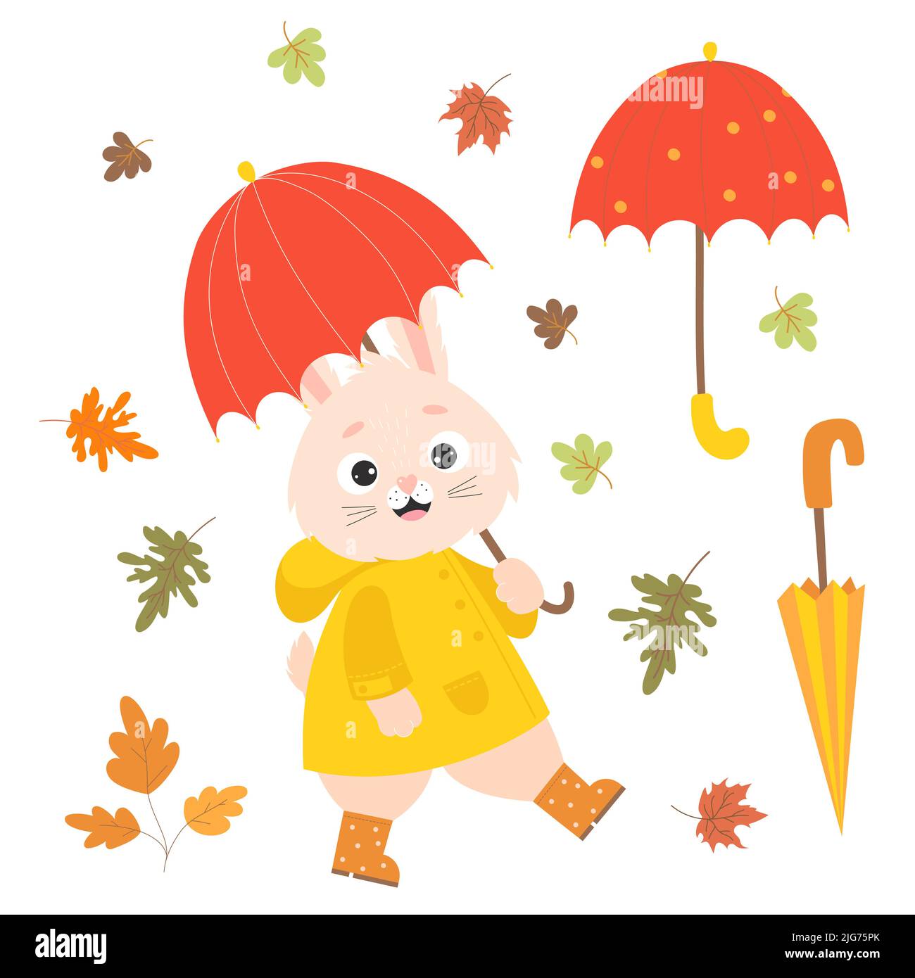 Autumn set with cute rabbit in raincoat and rubber boots under an ...
