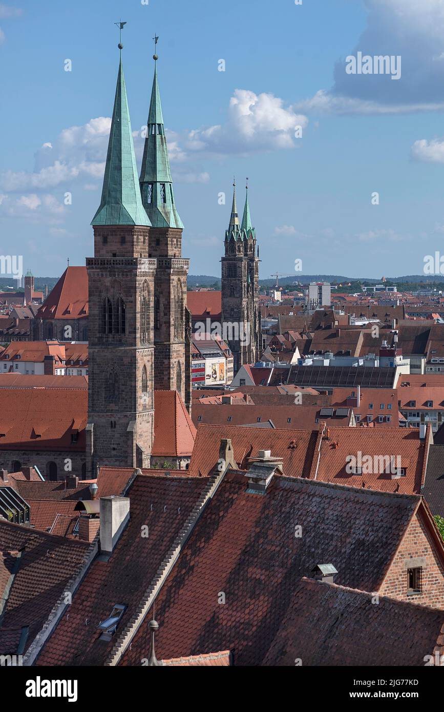 View of the churches of St. Sebald and St. Lorenz, Nuremberg, Middle ...