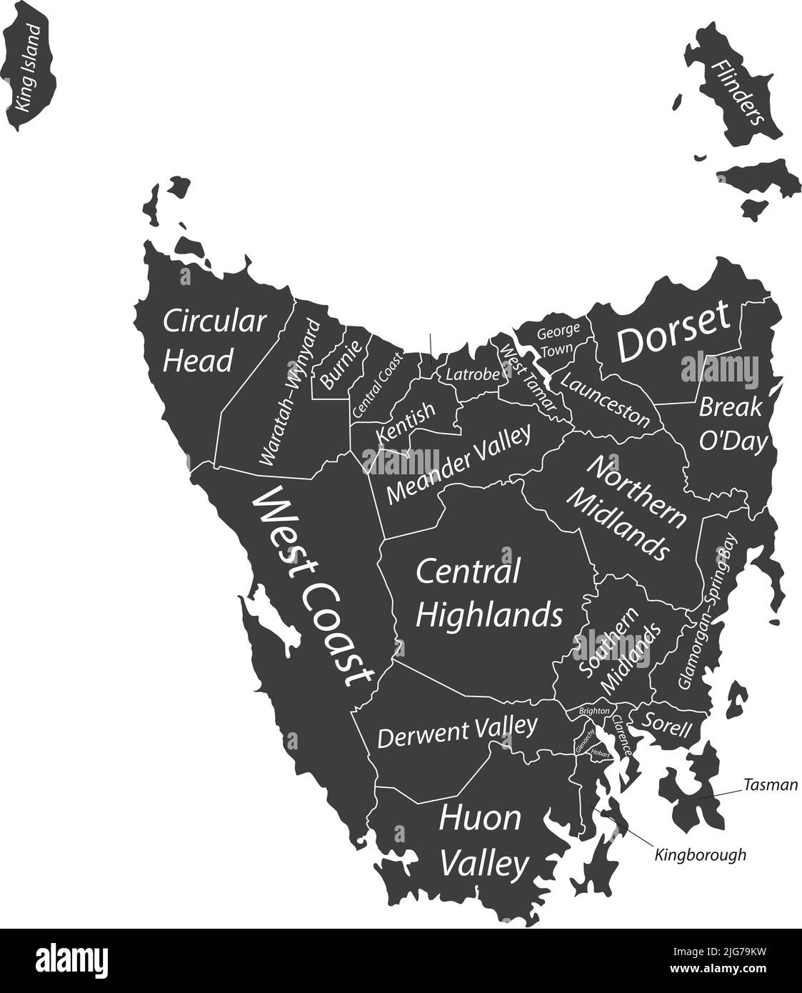Dark gray tagged map of local government areas of TASMANIA, AUSTRALIA ...