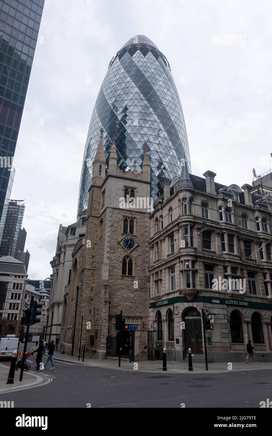 St Andrew Undershaft Church, with Swiss Re Towers behind at 30 St Mary ...