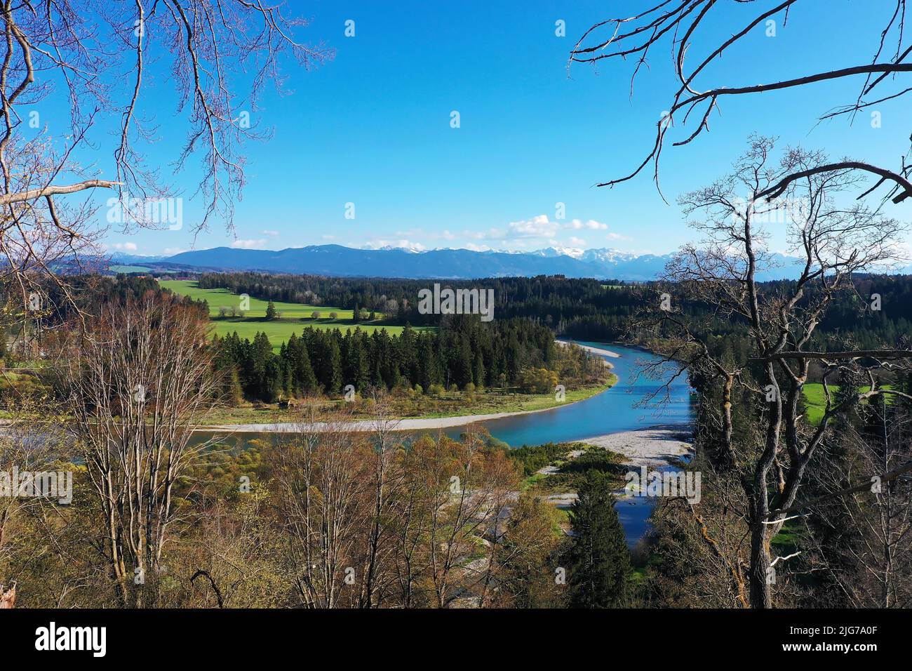 Aerial view of the Litzau Loop in fine weather, The Lech near Burggen ...