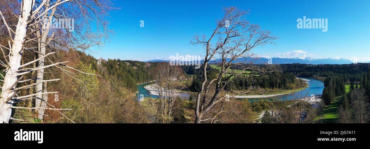 Aerial view of the Litzau Loop in fine weather, The Lech near Burggen ...