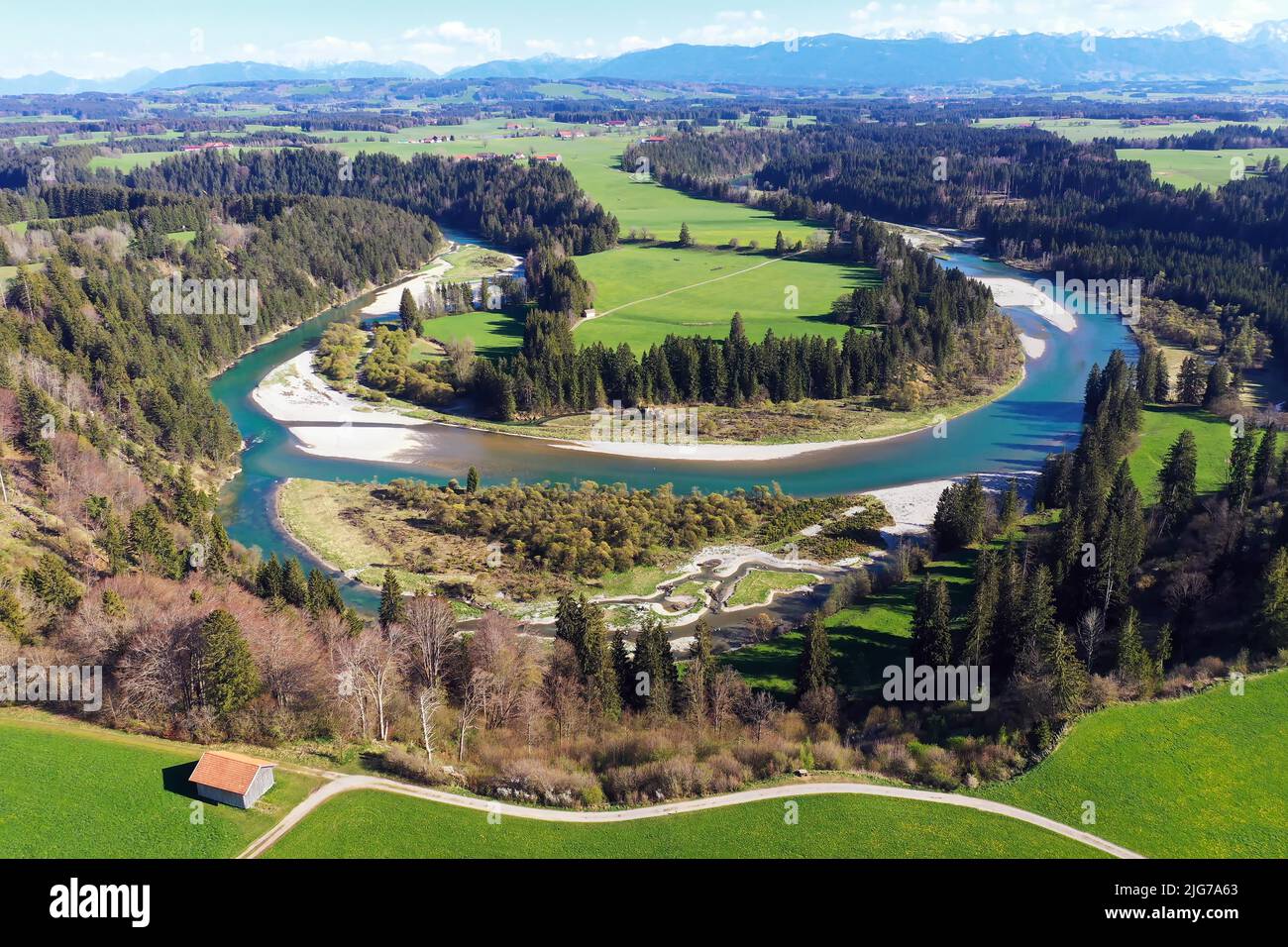 Aerial view of the Litzau Loop in fine weather, The Lech near Burggen ...