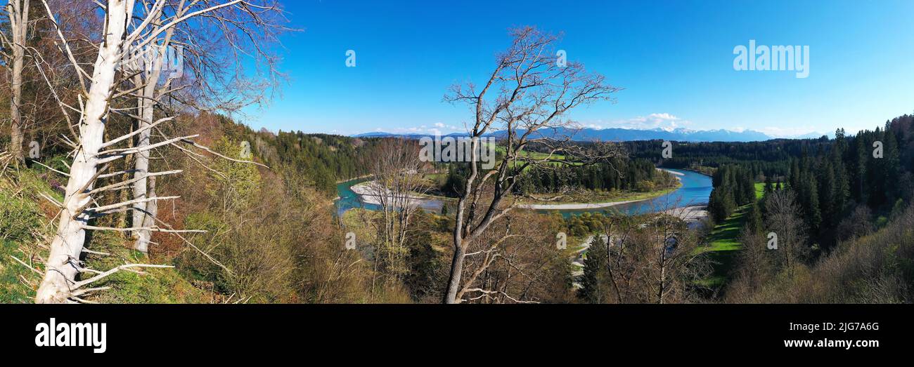 Aerial view of the Litzau Loop in fine weather, The Lech near Burggen ...