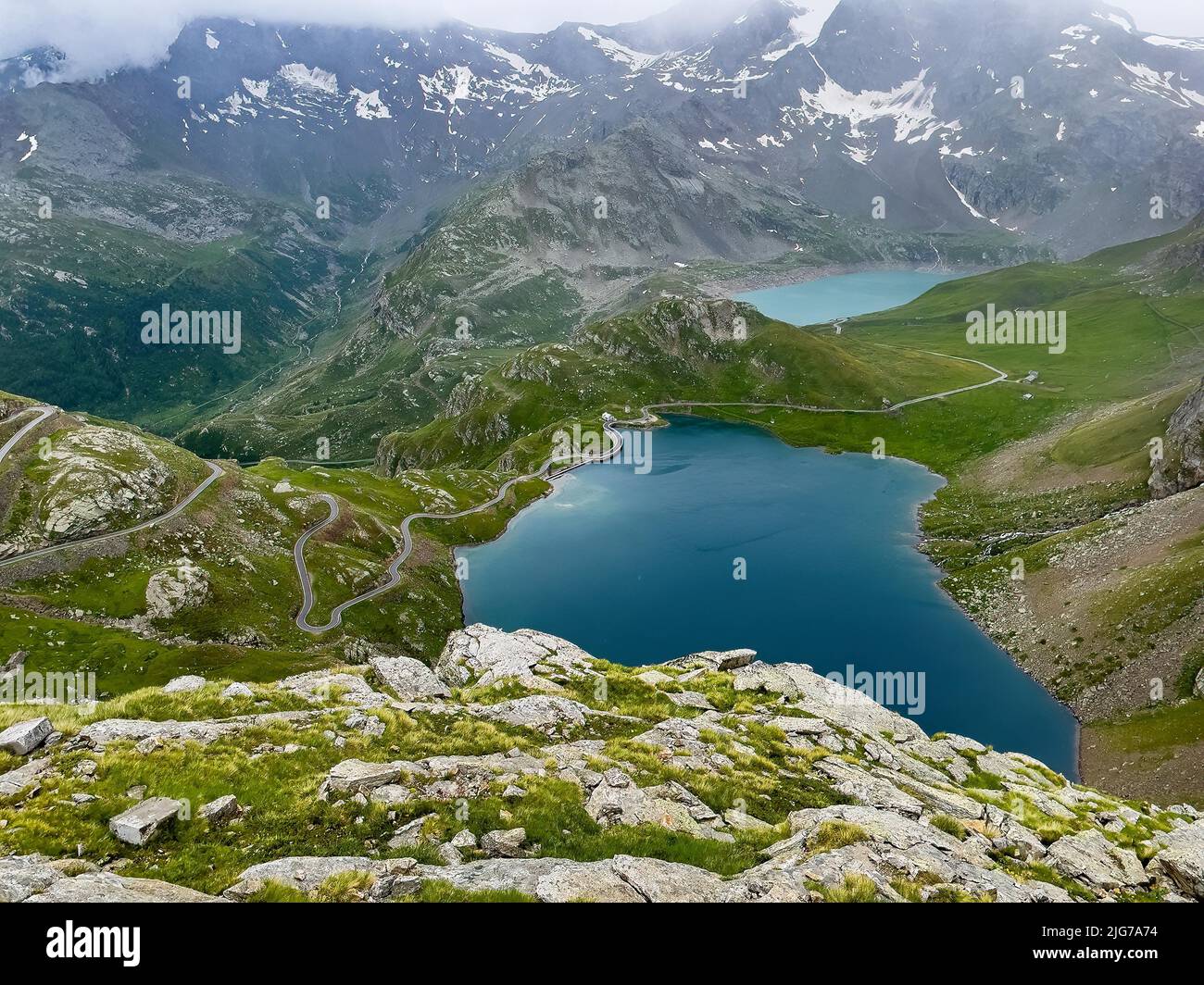 View from panoramic point at Colle del Nivolet on Lago Agnel in front ...