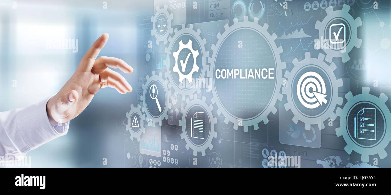 Compliance concept with icons and text. Regulations, law, standards ...