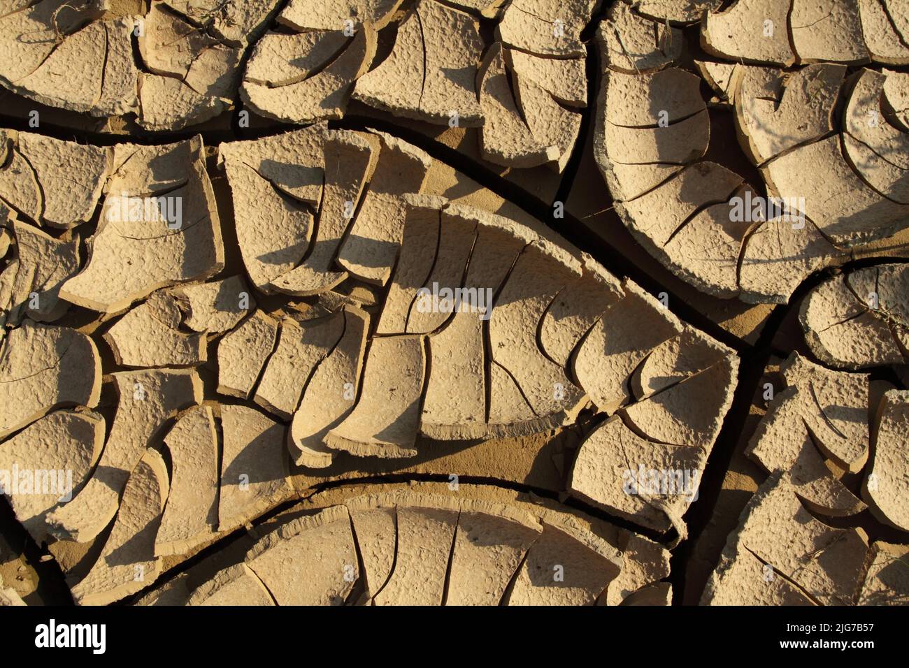 Dried out soil with fragments due to drought with cracks, grooves and ...