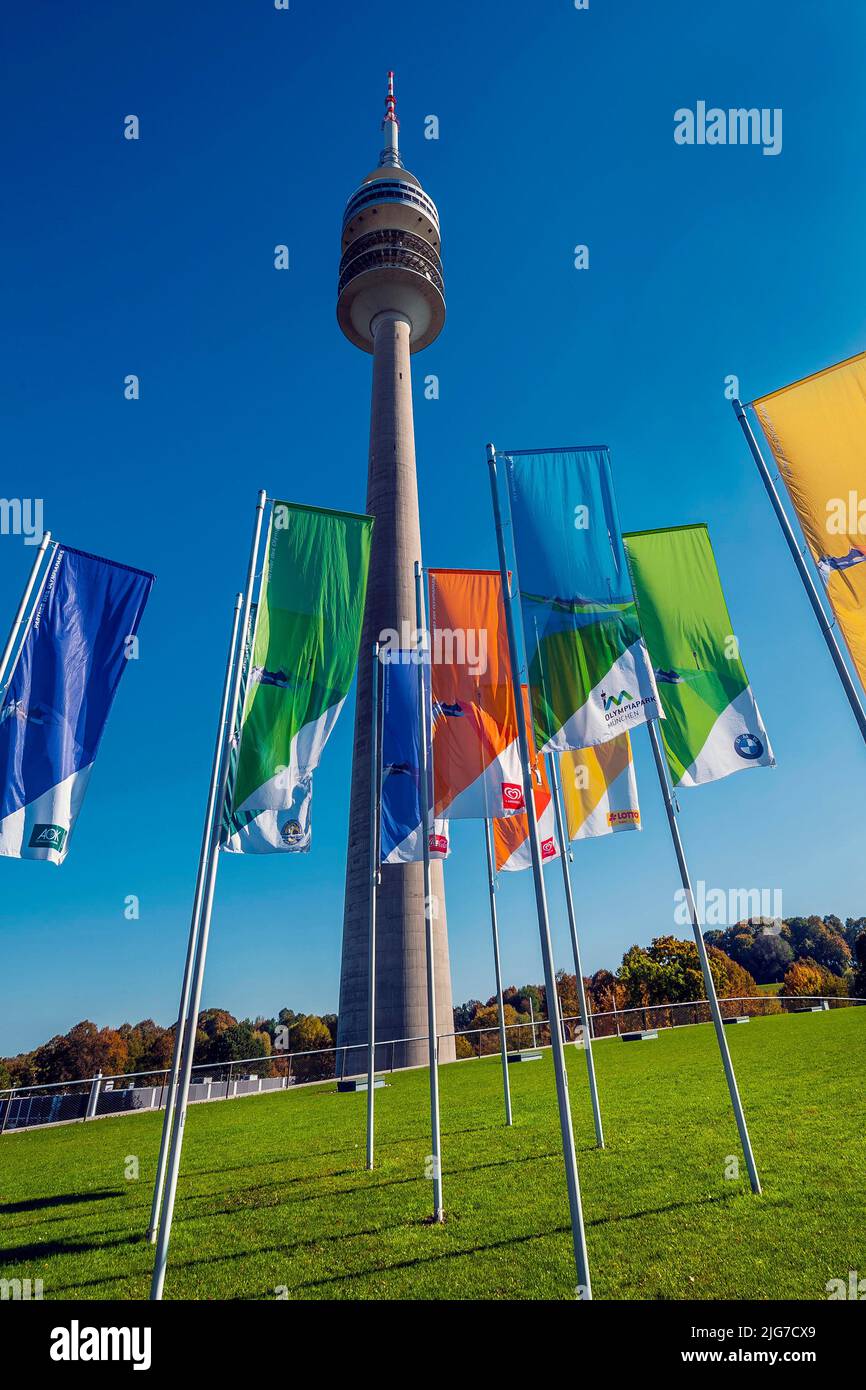 Television tower with flags, Munich, Bavaria, Germany Stock Photo - Alamy