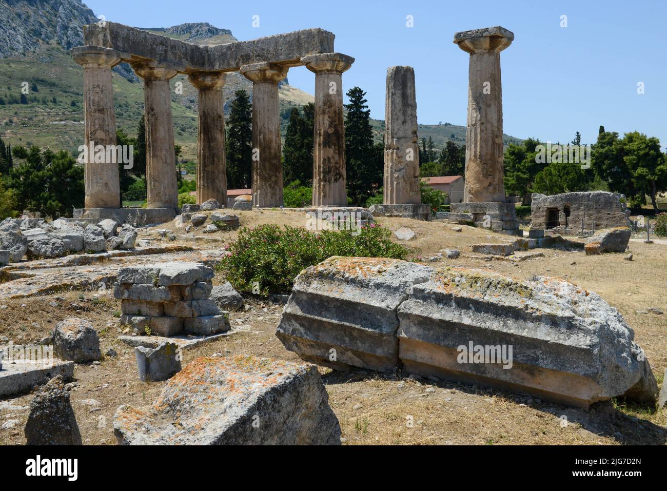 View at the archeolgical site of ancient Corinth on Greece Stock Photo ...