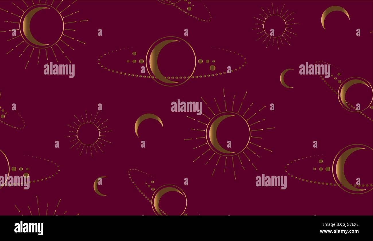 gold Seamless Space Mystical Sacred geometry. Moon, sun, stars, orbits ...