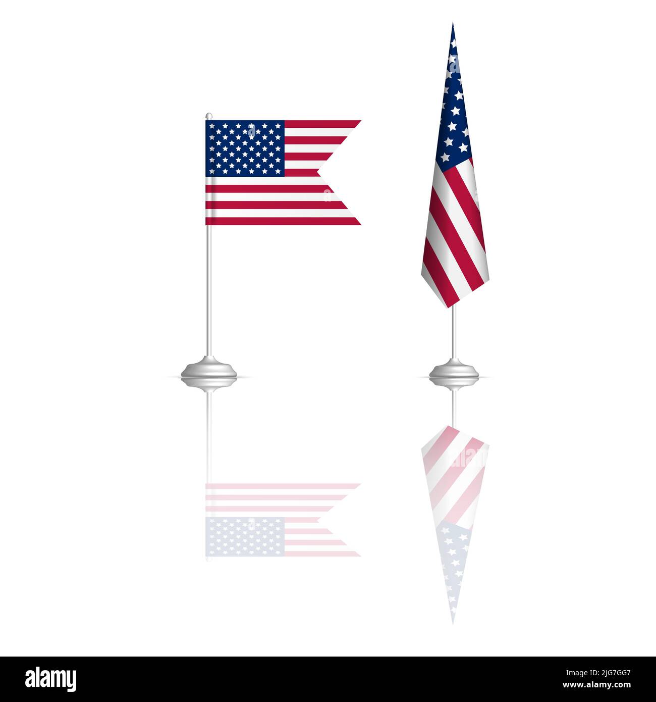 American flag in two versions with mirror reflection. Front view ...