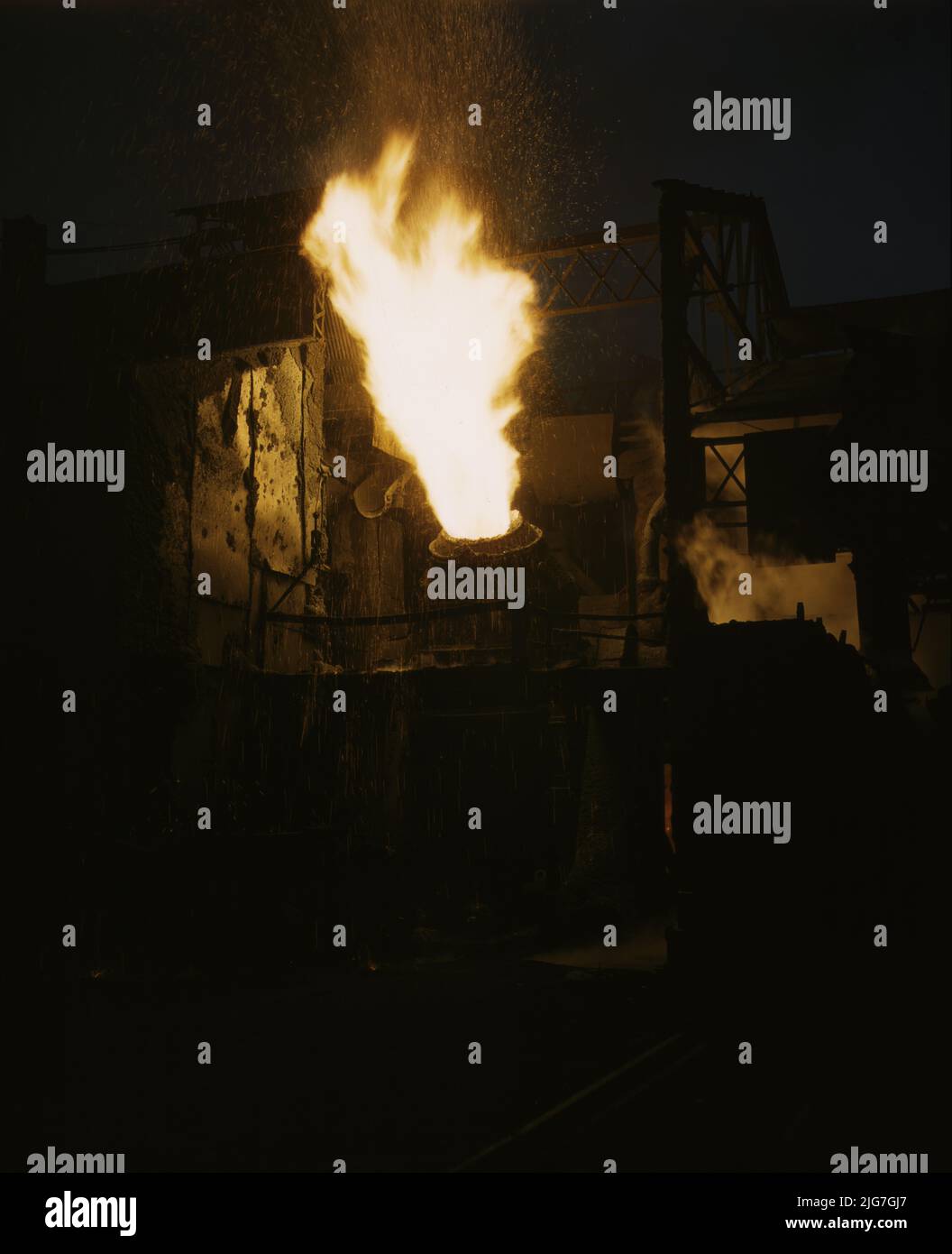 A scene in a steel mill, Republic Steel Mill, Youngstown, Ohio. Molten ...
