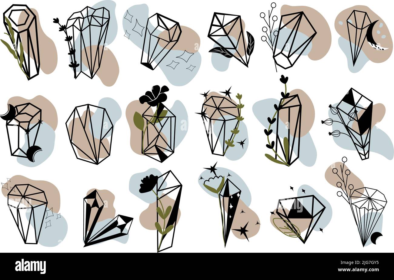 Collection mystical crystals with flowers, moon, stars and leaves ...