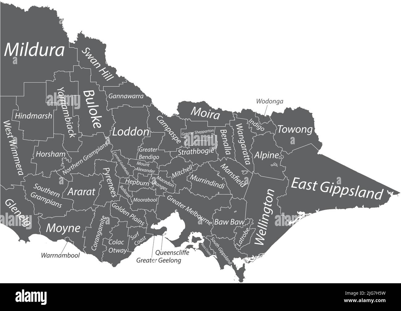 Dark gray tagged map of local government areas of VICTORIA, AUSTRALIA ...