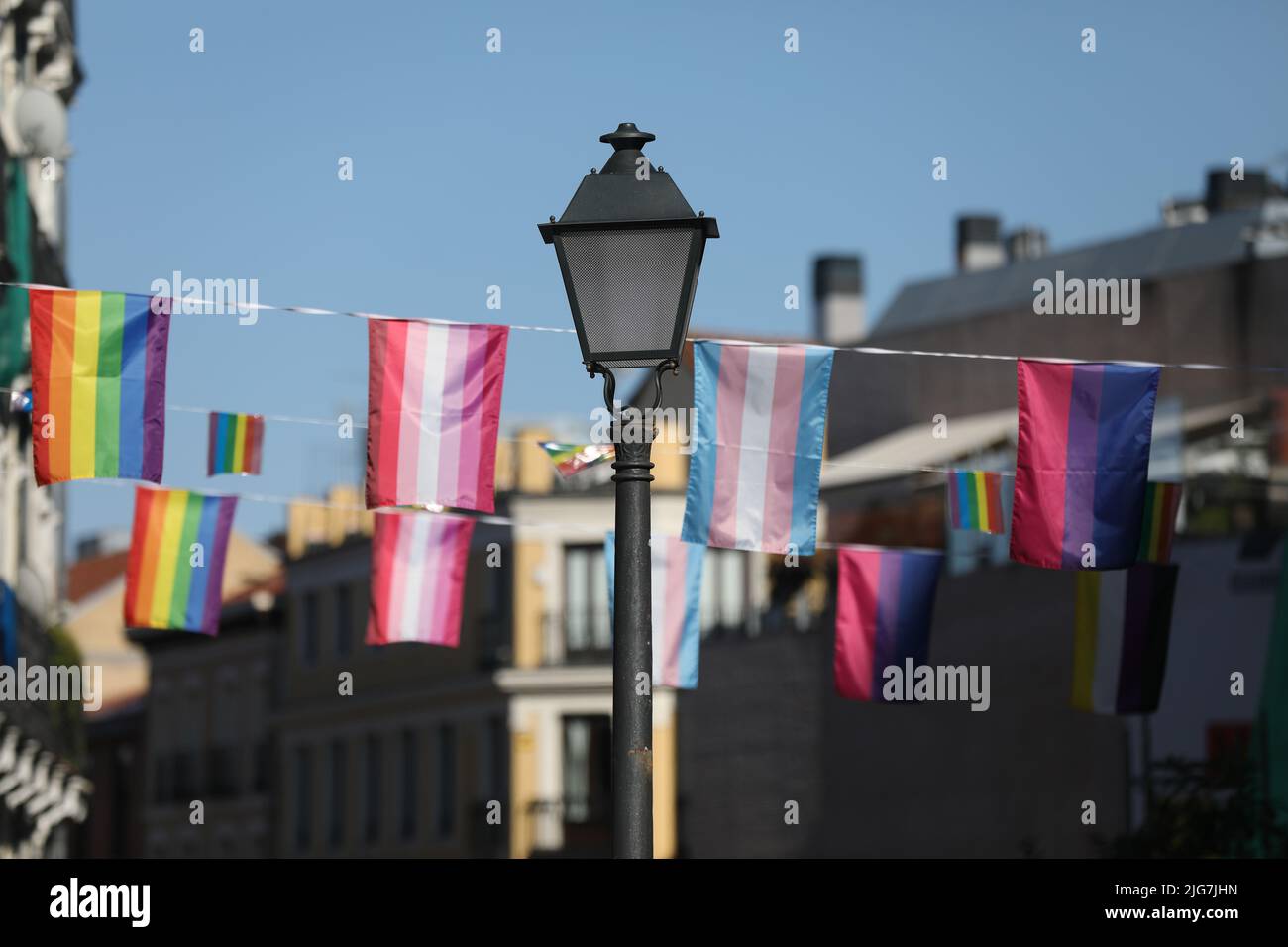 Madrid, Spain. 7th June, 2022. LGBTQ+ Pride flags on display in the ...
