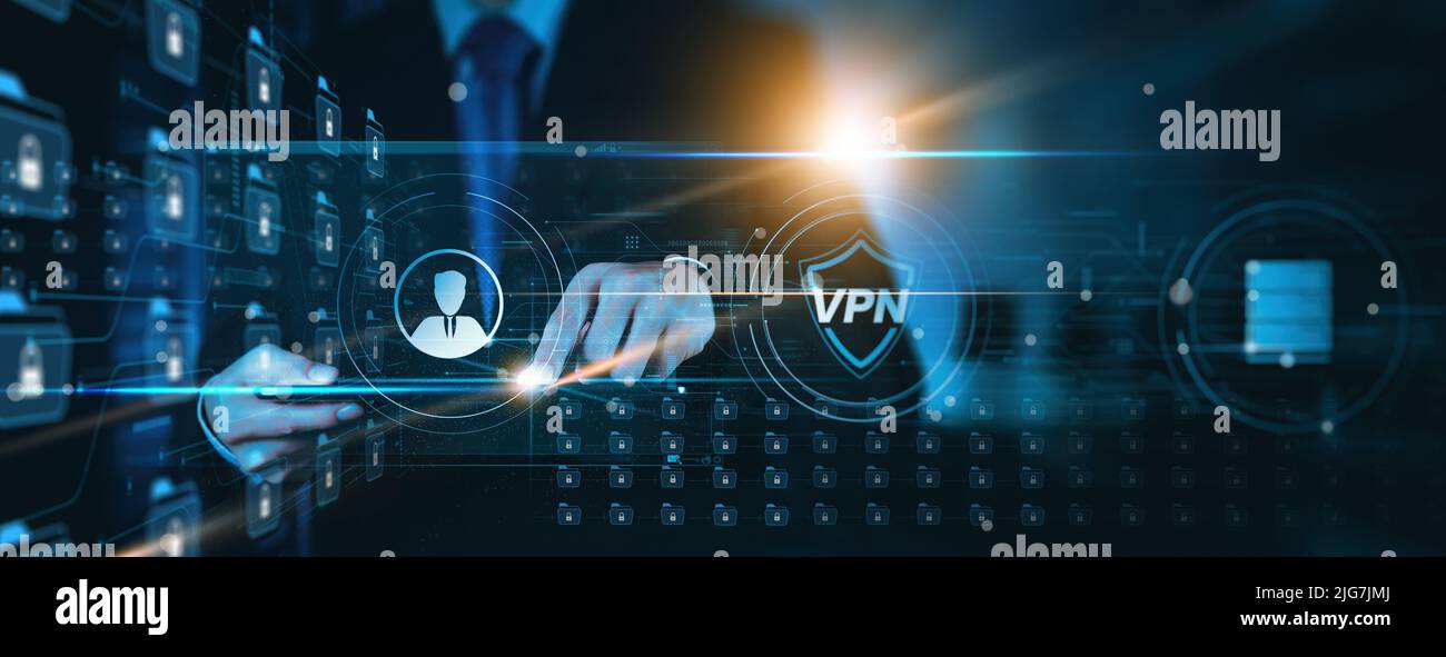 Businessman using Virtual Private Network technology on digital tablet ...