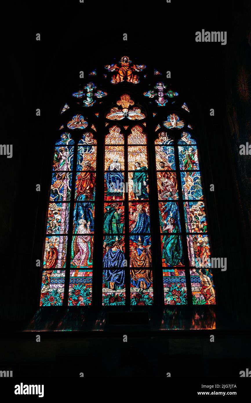 Prague, Czech Republic - July 2022. Amazing stained glass window in St ...