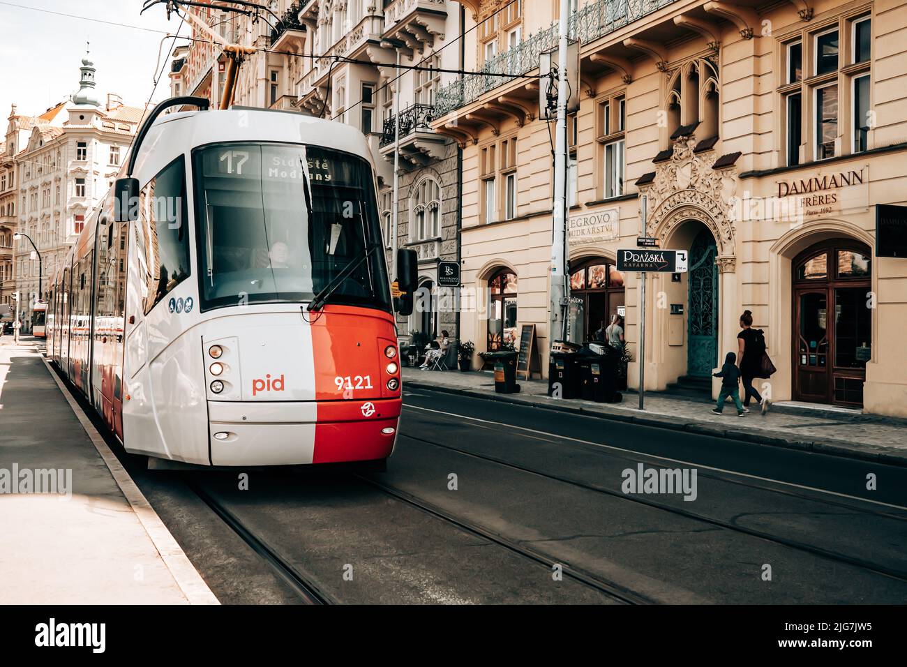 Prague, Czech Republic - July 2022. Modern tram on beautiful cozy ...