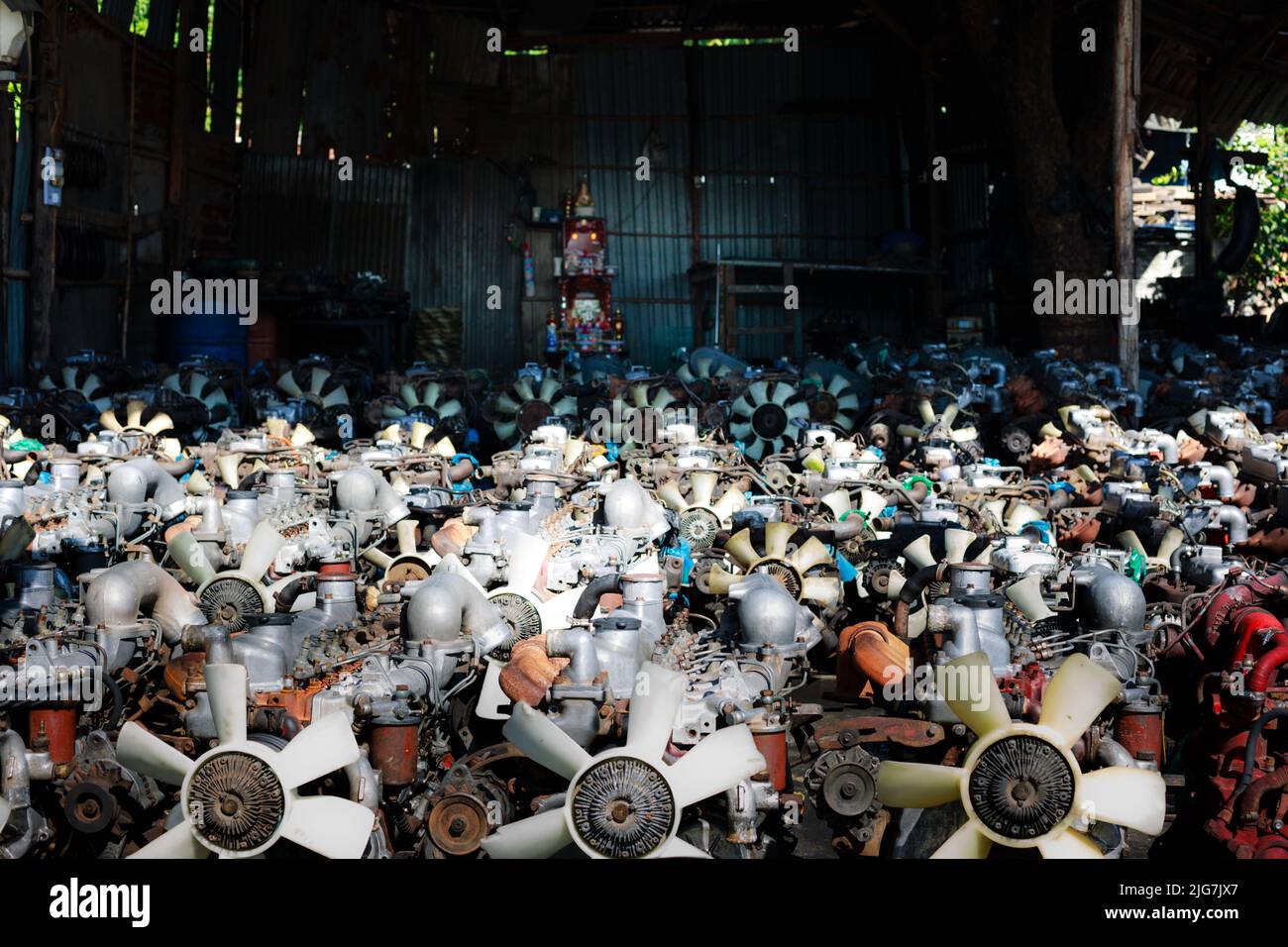 Pallets with used engines in the warehouse of an organization engaged ...