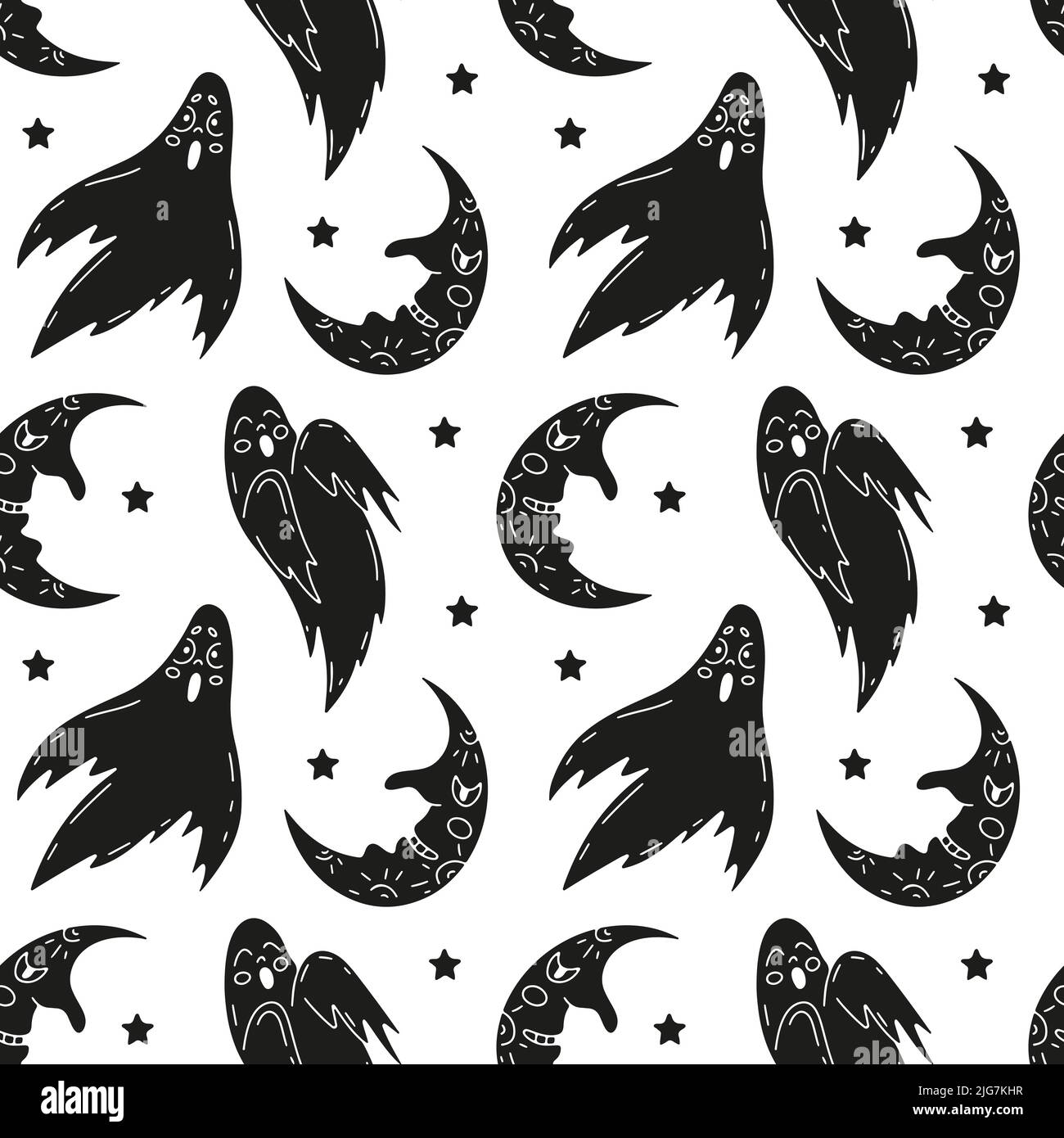 Halloween seamless pattern with cute cartoon ghosts and half moons on a ...