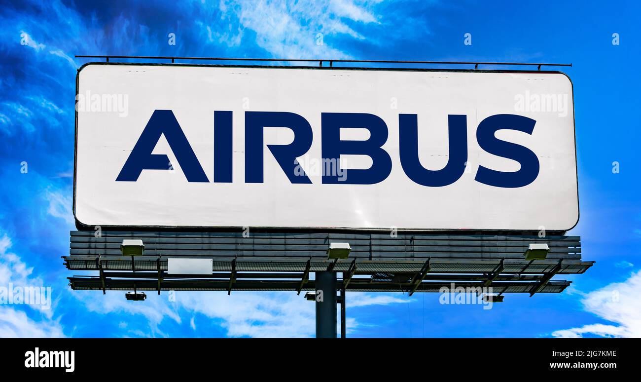 POZNAN, POL - JUN 28, 2022: Advertisement billboard displaying logo of ...