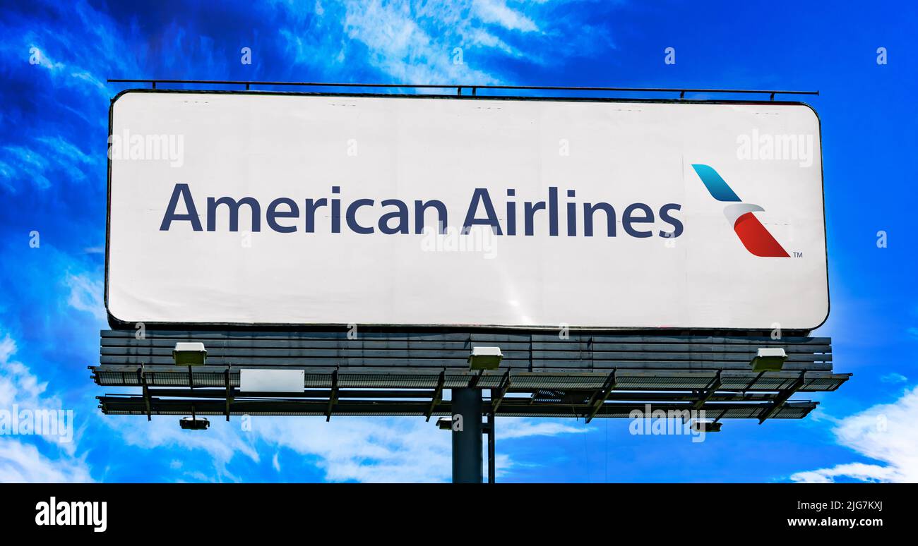 POZNAN, POL - JUN 28, 2022: Advertisement billboard displaying logo of ...