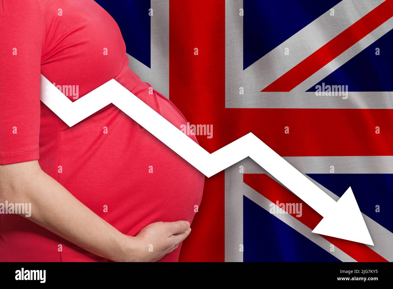 British pregnant woman on United Kingdom flag background. Falling ...