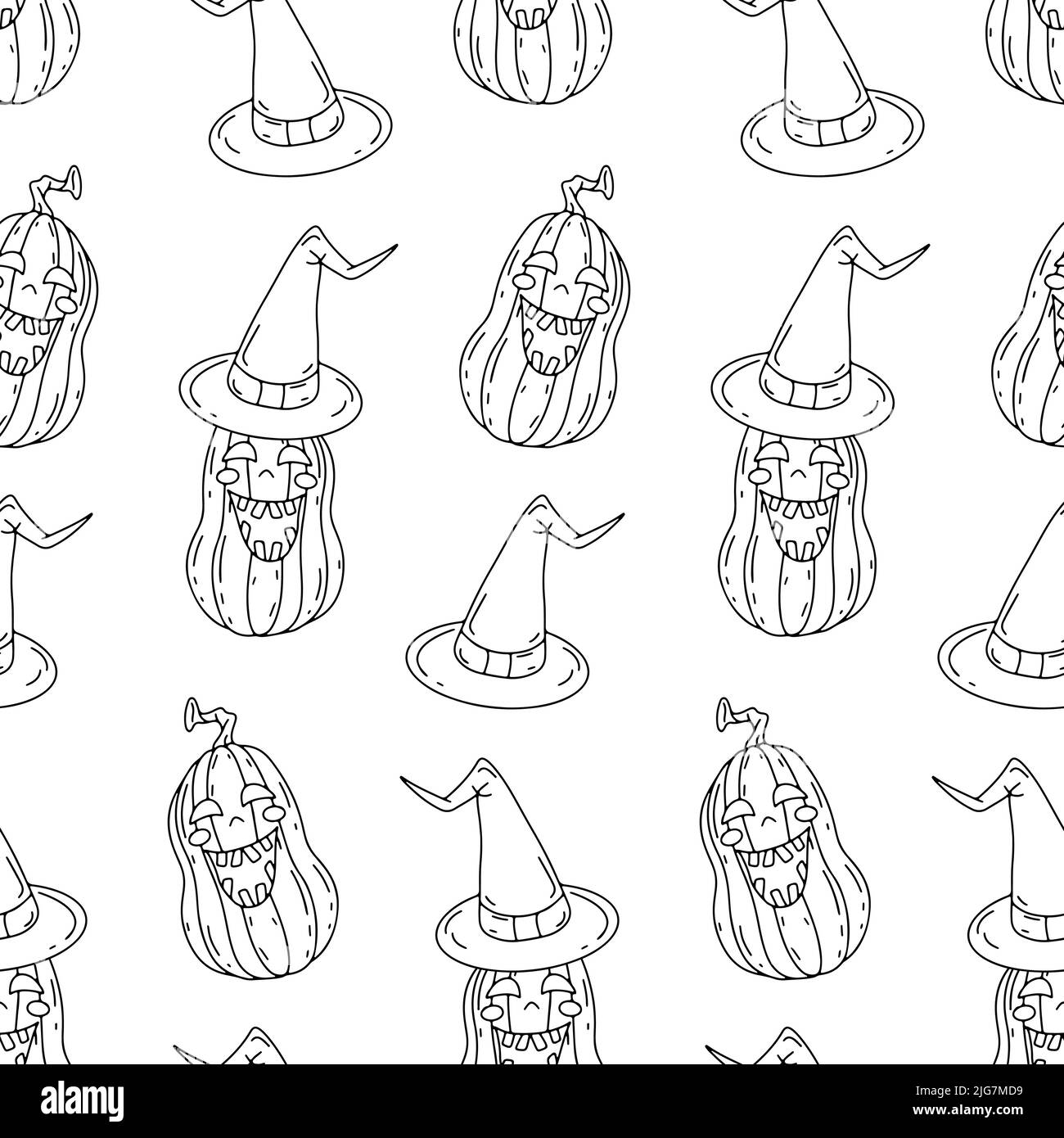 Halloween seamless pattern with line art cartoon smiling pumkins on ...