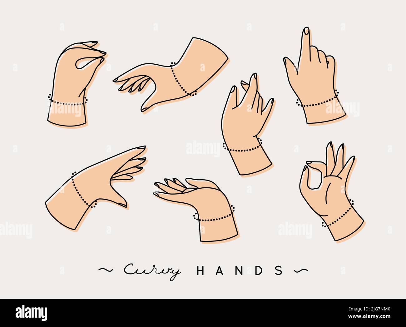 Set of curvy hands with fingers icons in different positions drawing ...
