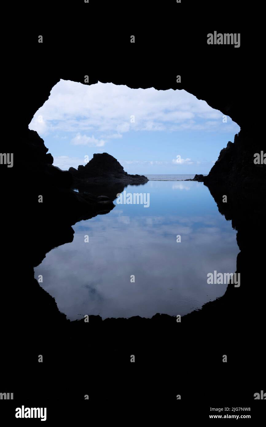 The Seixal Natural Pool with reflection at the North coast of Madeira ...