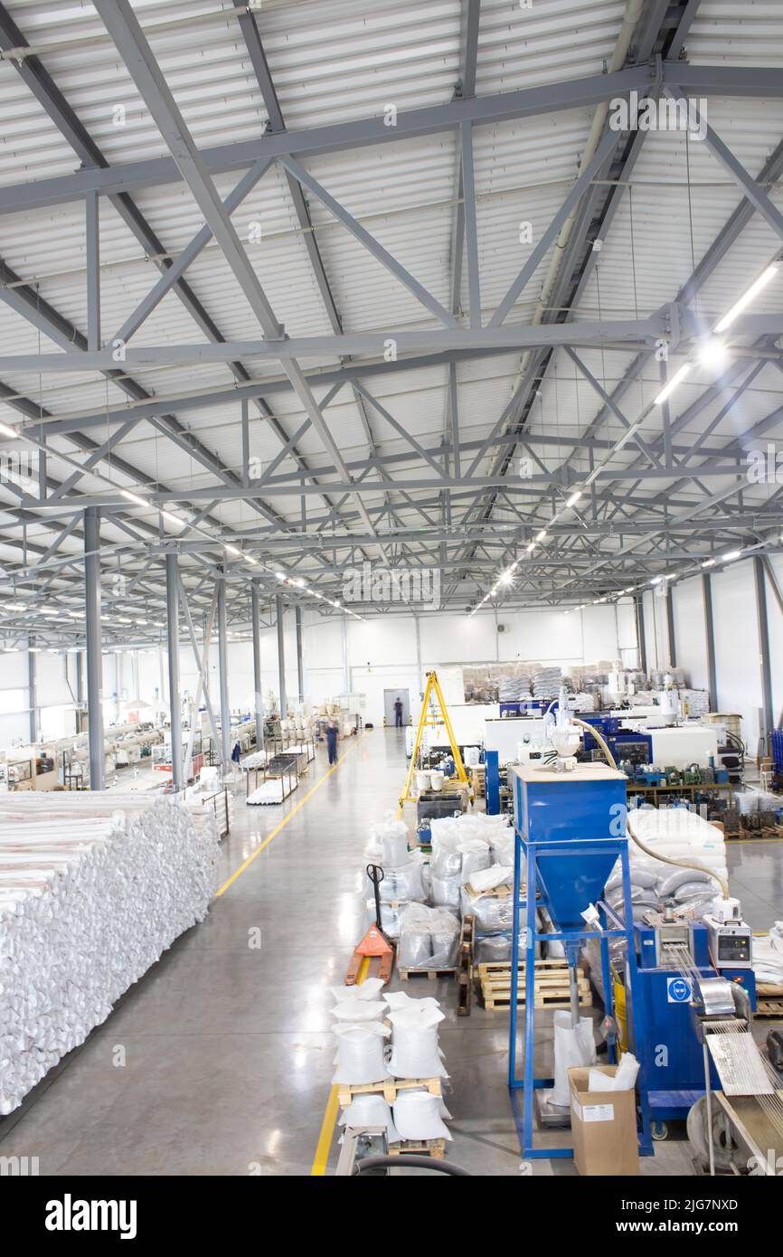 General panoramic view of the factory from the inside. Roof, production ...
