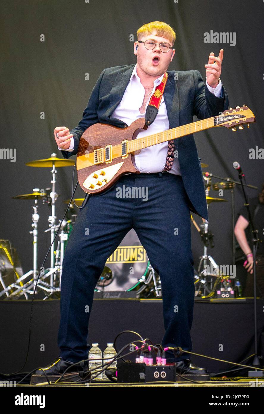 Alex Moore, lead singer of The Lathums, performs on the main stage on ...