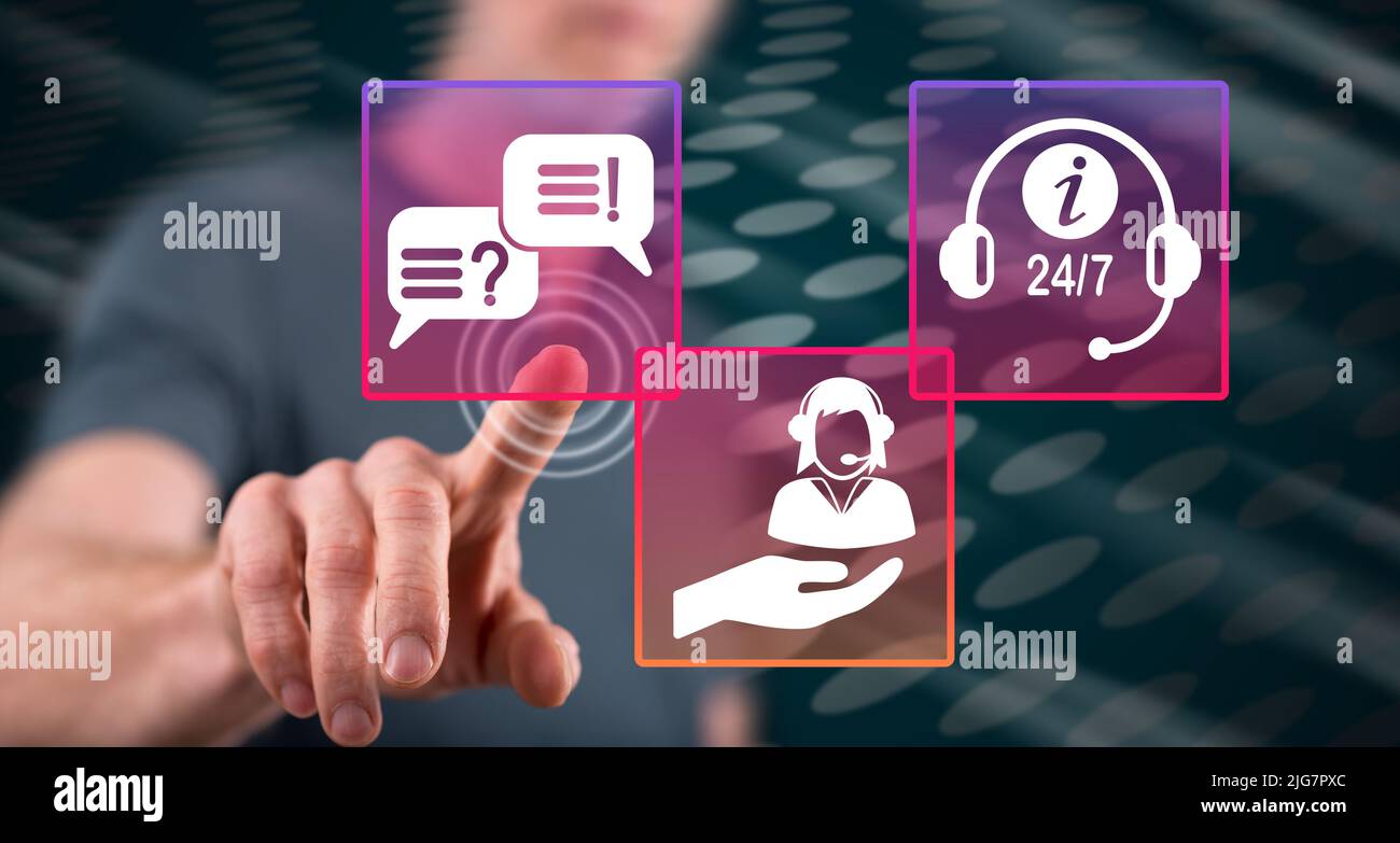 Man touching a customer service concept on a touch screen with his ...