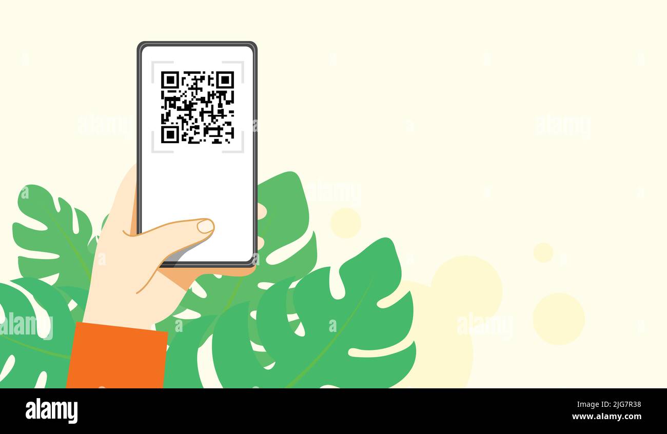Qr code scanning template vector illustration. Close-up of a hand ...