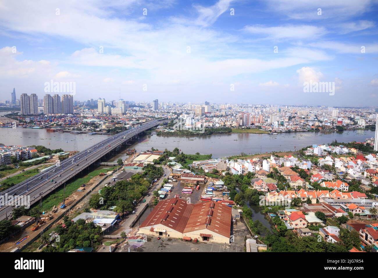 Aerial View Of Buildings In Saigon River Area With Saigon Bridge Stock ...